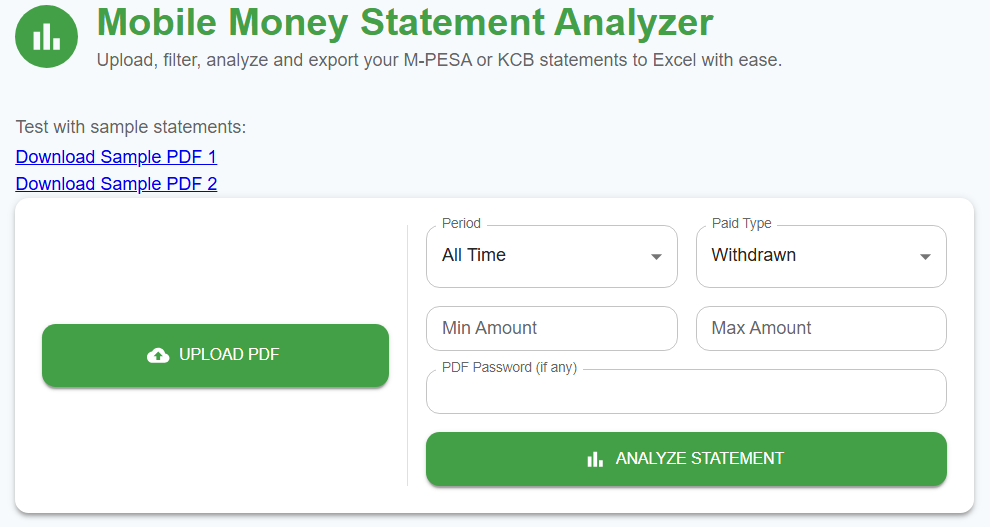 MPESA and KCB Statement Analyzer – Convert PDF to Excel with Insights